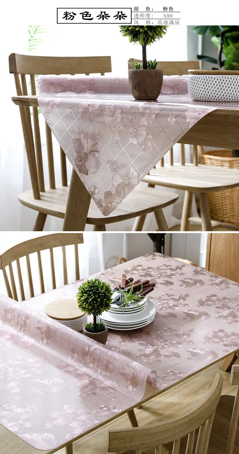 Pink Flowers Pvc Clear Soft Glass Table Cover Protector Rectangle Desk Mat Desktop Tablecloth In