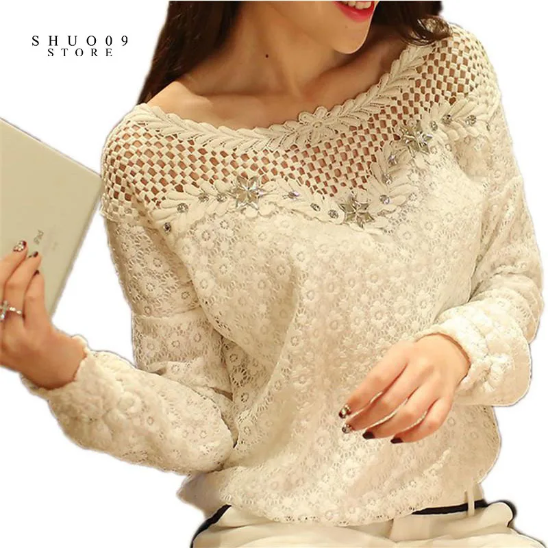 Spring Autumn Women Fashion Lace Floral Patchwork Blouse Long Sleeve