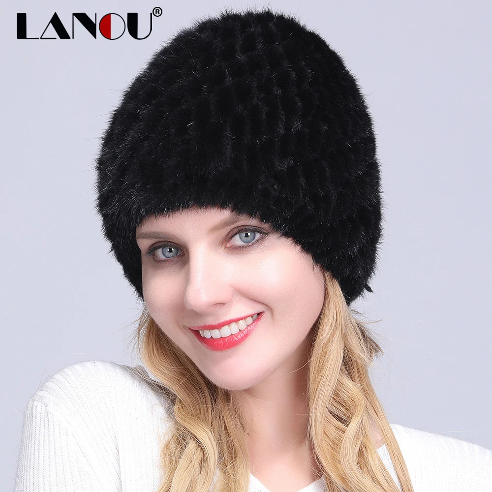 LANOU 100% Real Mink Fur Beanie Hats for Ladies Stripped Knitted Hat ...