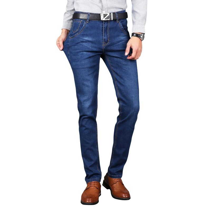 New Men Jeans Business Casual Thin Summer Straight Slim Fit Blue Jeans ...