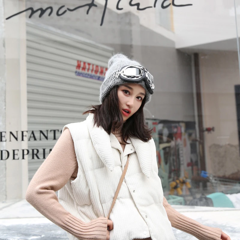 SYi Qarce однотонная зимняя вязаная шапка Авиатор с очками Skullies Beanies, шапка для женщин и ...