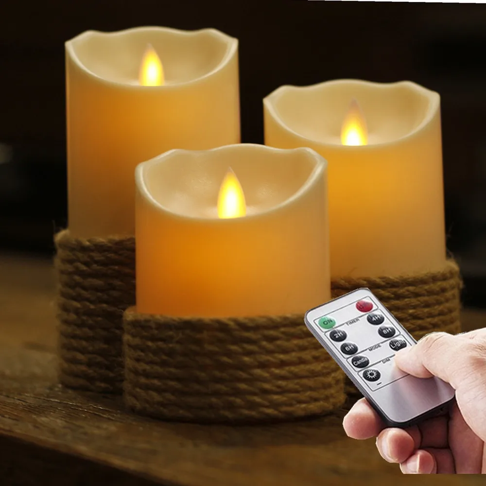 3pcs Remote Ready Flameless Pillar LED Candles With Hemp Rope and 2 4 6 ...