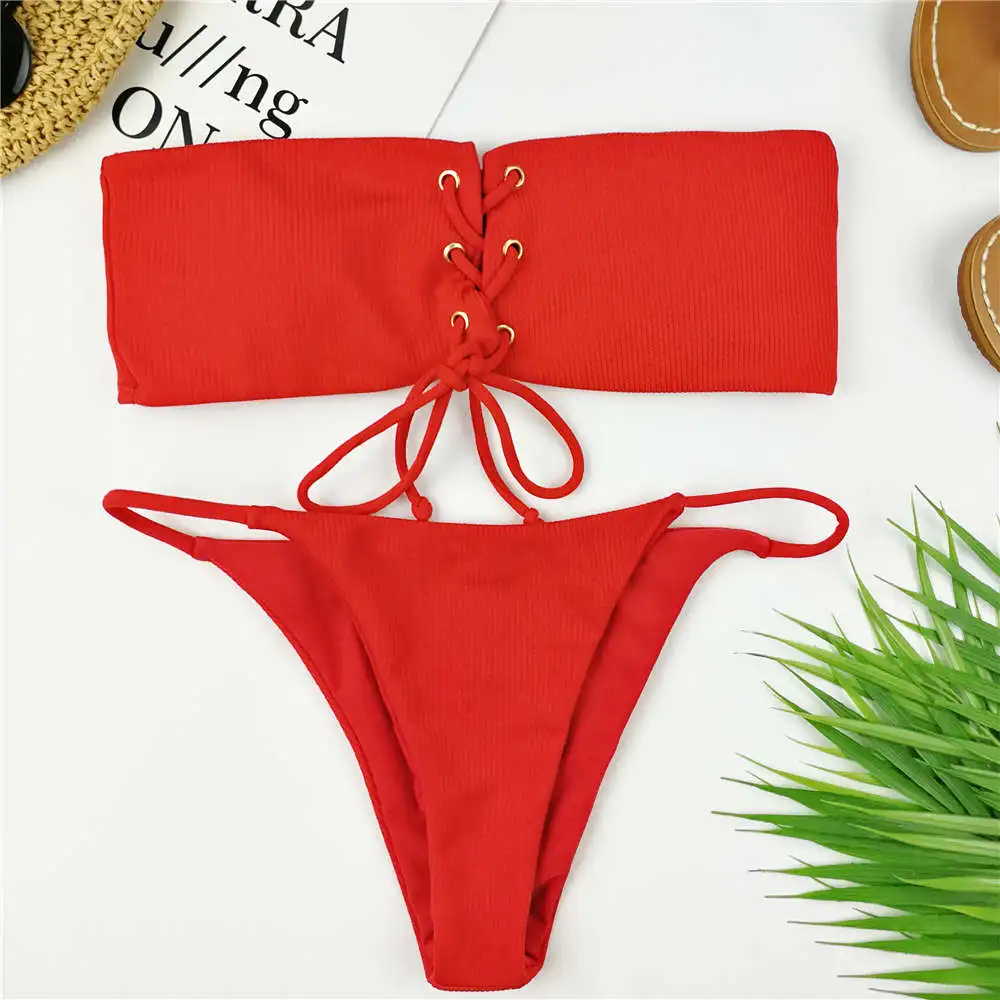 Sexy Thong Bikini 2018 Women Solid Swimwear Red Swimsuit Brazilian ...