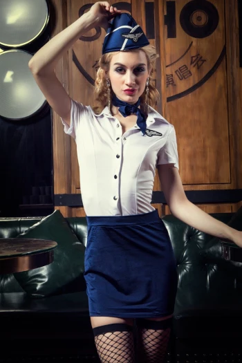 Sexy Air Hostess Costumes White Blue Stewardess Uniform Temptation