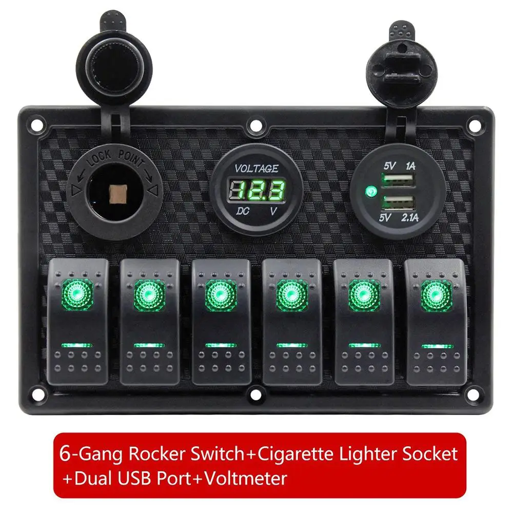 12V 24V 6 Gang Green LED Waterproof Rocker Switch Panel Dual USB ...