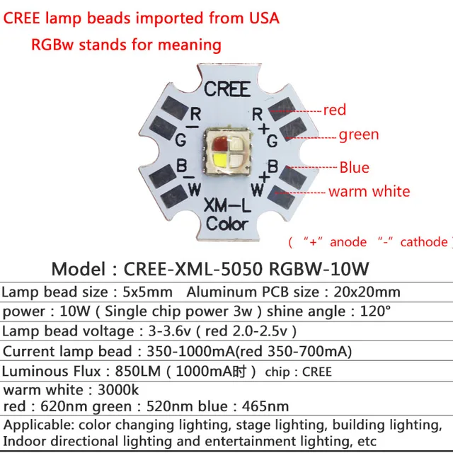 Free shipping 5PCS 12w Cree XLamp XM L XML RGBW RGB White or RGB Warm ...