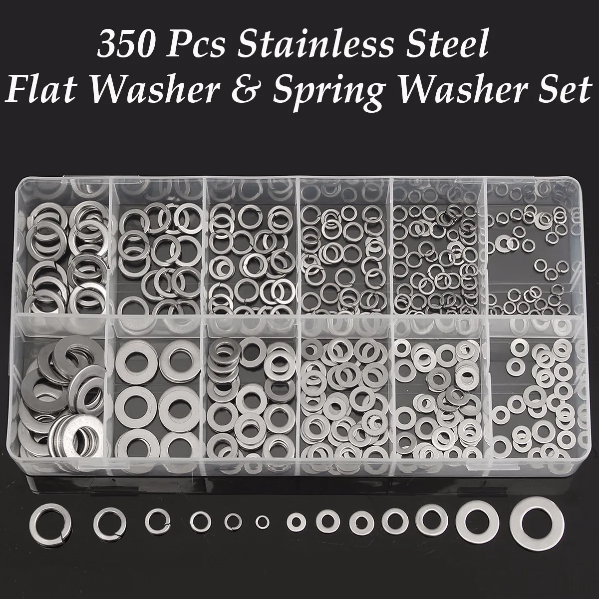 HQ 350Pcs Stainless Steel Flat Spring Washers Assortment Set Metal Lock ...