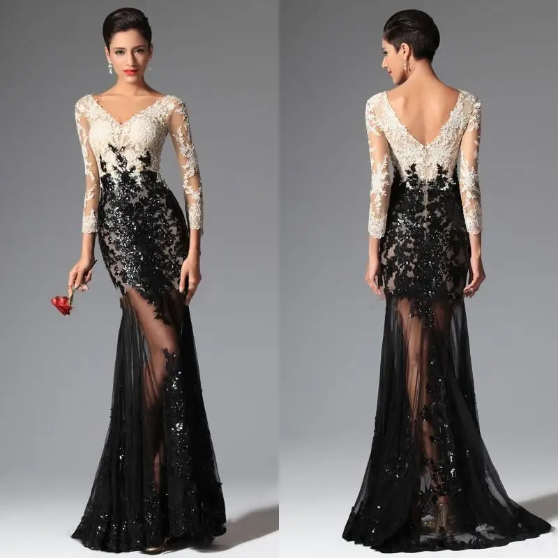 Sexy Sheer Lace Evening Dresses 2016 Black And White Mermaid Long
