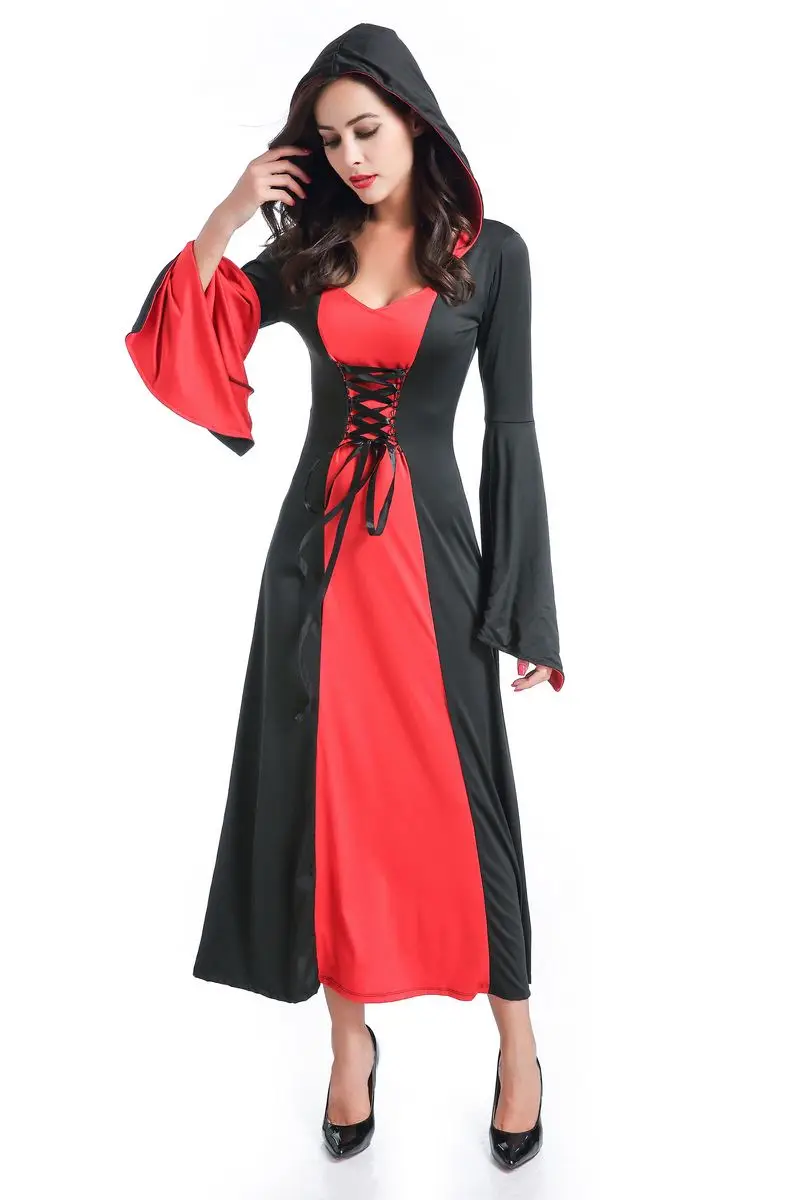 Red Black Blue Wicca Witch Costume Hooded Robe Long Dress Halloween ...