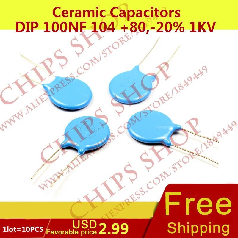 1 몫 = 10 개 세라믹 콘덴서 DIP 100nf의 104 + 80, 20% 1KV 100000pF 0.1 미크로포맷 ...