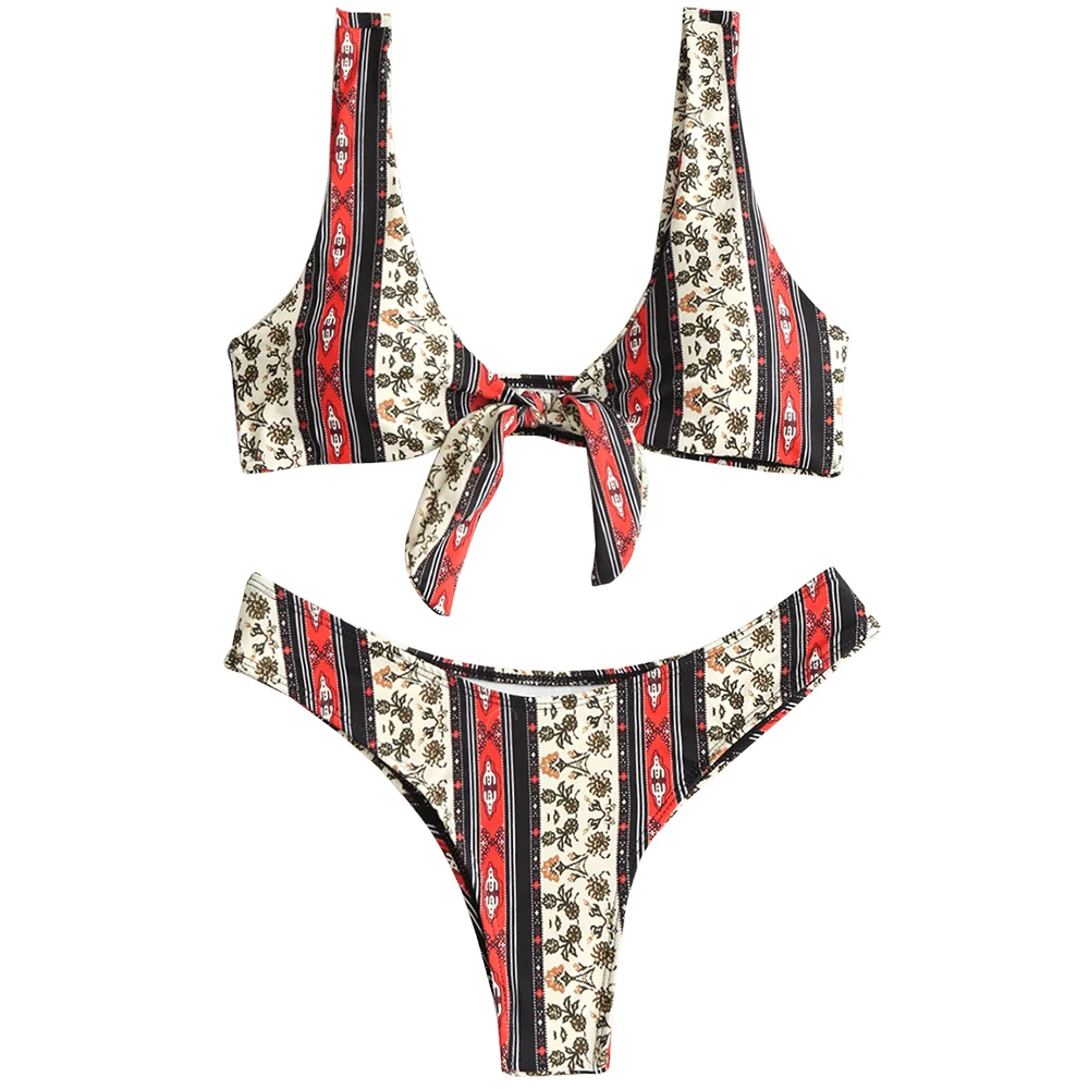 Zaful 2018 Women Swimwear Tiny Floral Knot Bikini Set Natural Waist