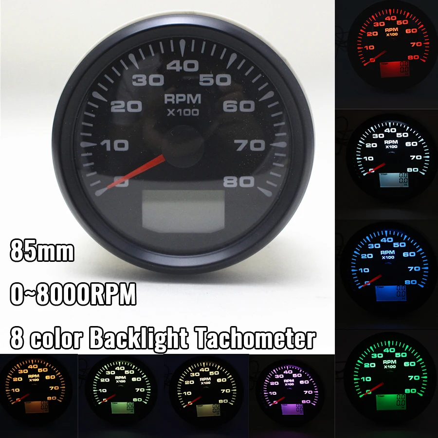 85mm Tachometer 0~8000RPM 8 color Backlight Vessel tacho Gauge With ...