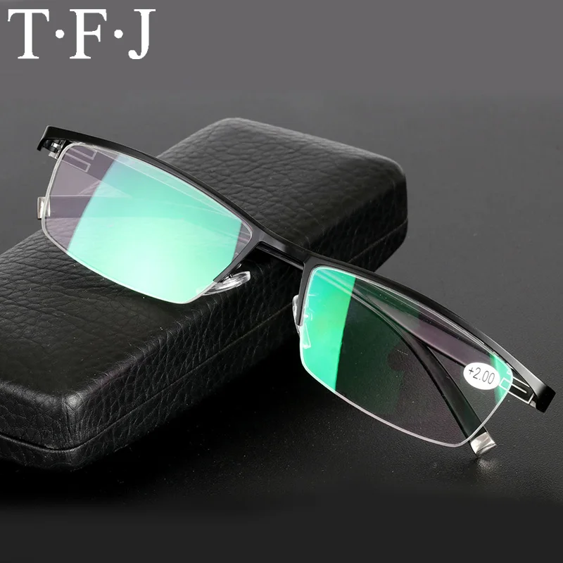 High End Half Frame Business Men Reading Glasses Square Metal Frame 