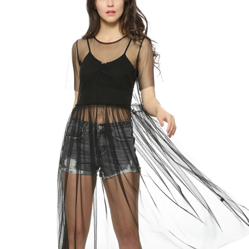 Nuevo verano mujeres Sexy transparente malla plisado corto manga ...