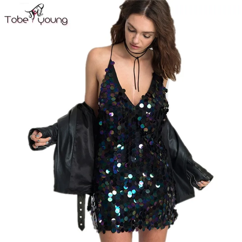 2016 New Sexy Backless Oversized Sequins Deep V Neck Halter Sleeveless
