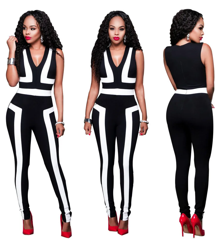 Women Deep V Neck Sleeveless Striped Printed Jumpsuit Full Length ...