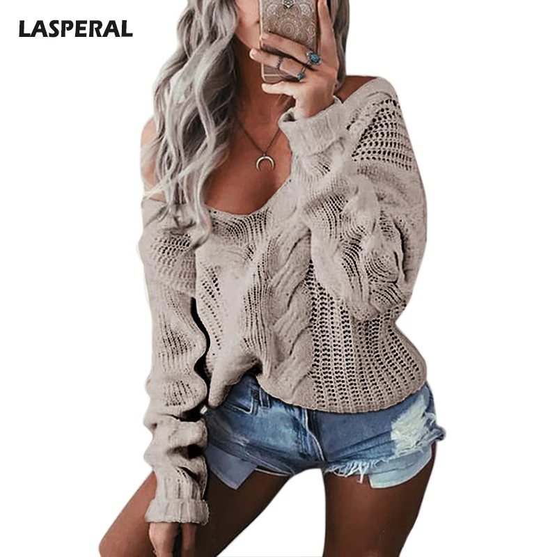 Lasperal Winter Sexy Deep V Neck Twist Knitted Sweaters Women Long