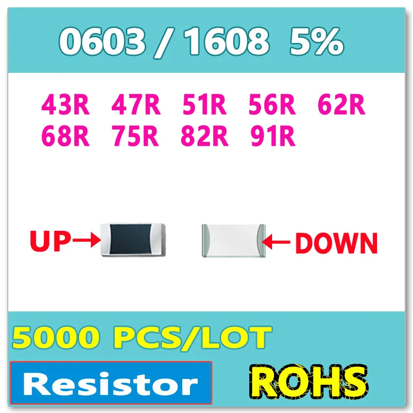 Jasnprosma 0603 J 5% 5000pcs 43r 47r 51r 56r 62r 68r 75r 82r 91r Smd ...