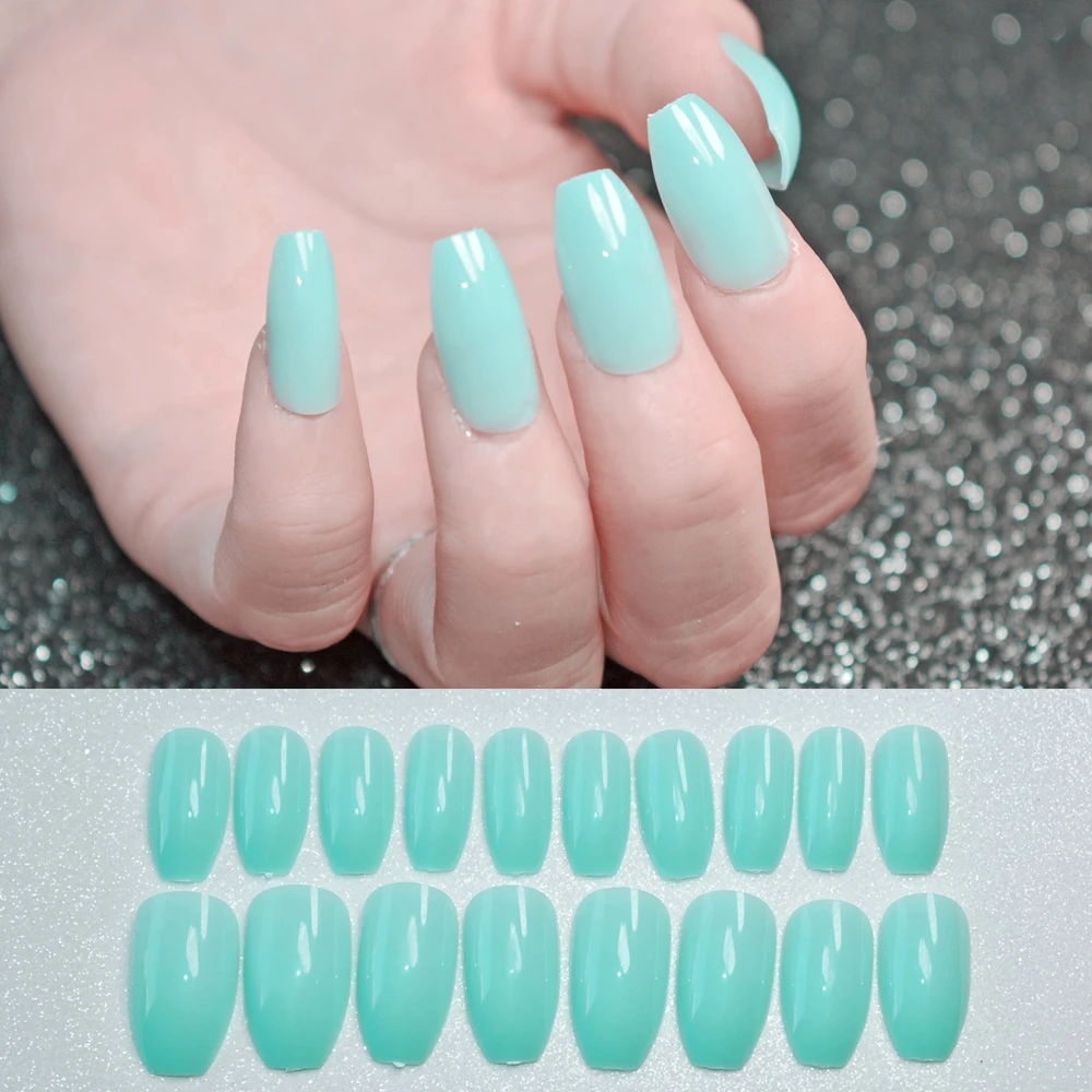 Shiny Coffin Design Nails Art Tips Mint Green Flat Stiletto Full Cover