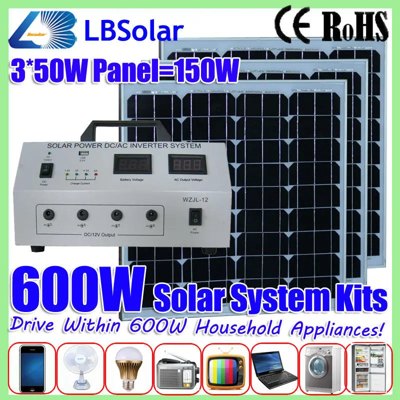 LBSolar Portable 600W Complete Solar System Kit 3*50W Mono Solar Panel ...