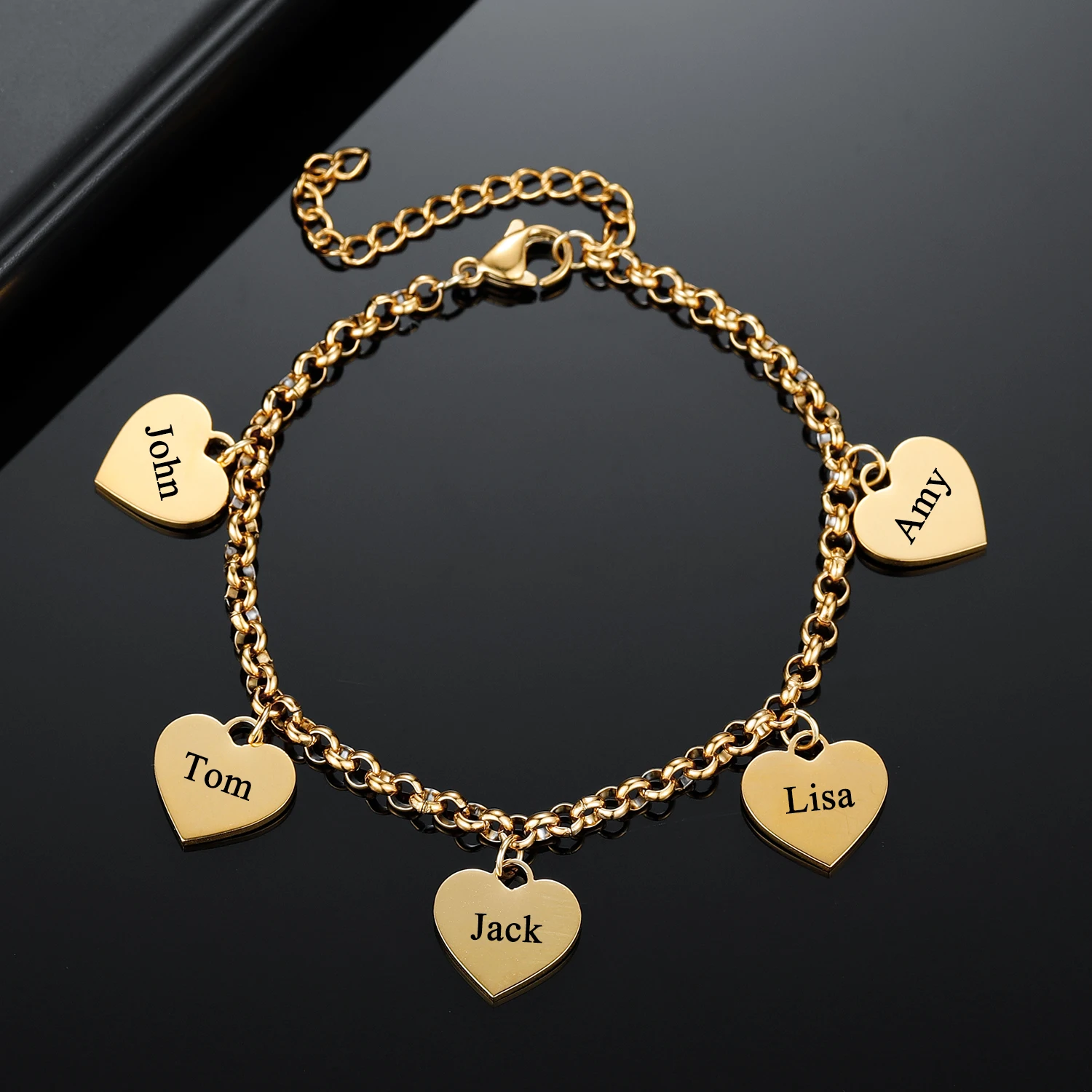 Gold-Heart-Charm-Bracelet-Engraved-Pendant-Personalized-Hearts-Charms ...