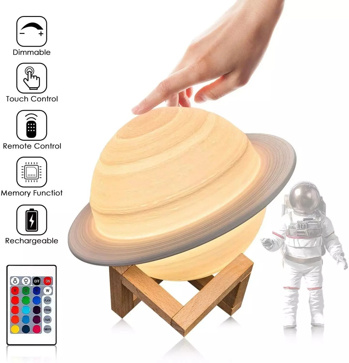 13/16/22cm 3D Print Saturn Night Lamp 16 Colors Remote Touch Control ...
