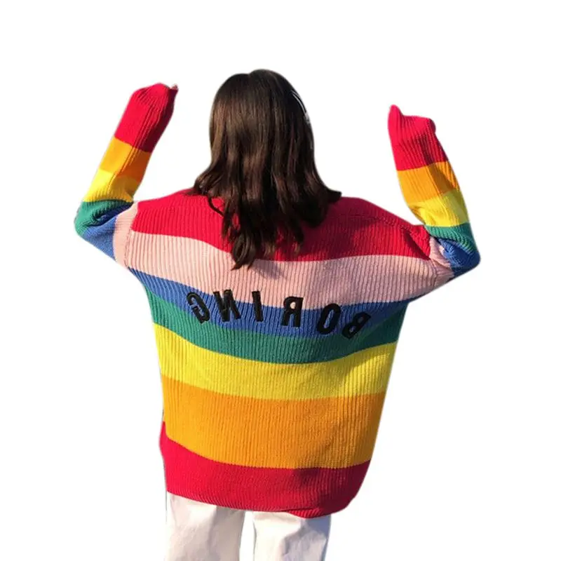Women Fashion Striped Cardigon Rainbow Color Female Sweaters Single ...