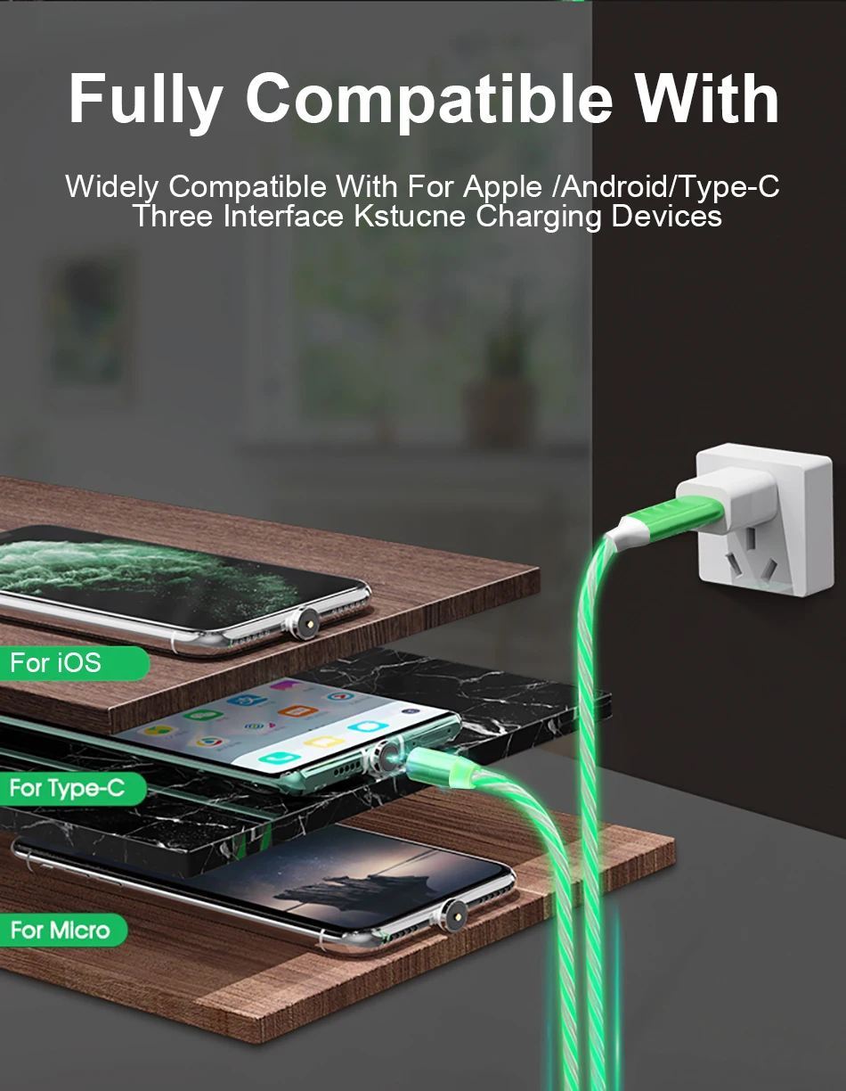 Câble téléphone,câble magnétique LED USB type-c-Micro-USB-8 broches,cordon de chargeur lumineux ...