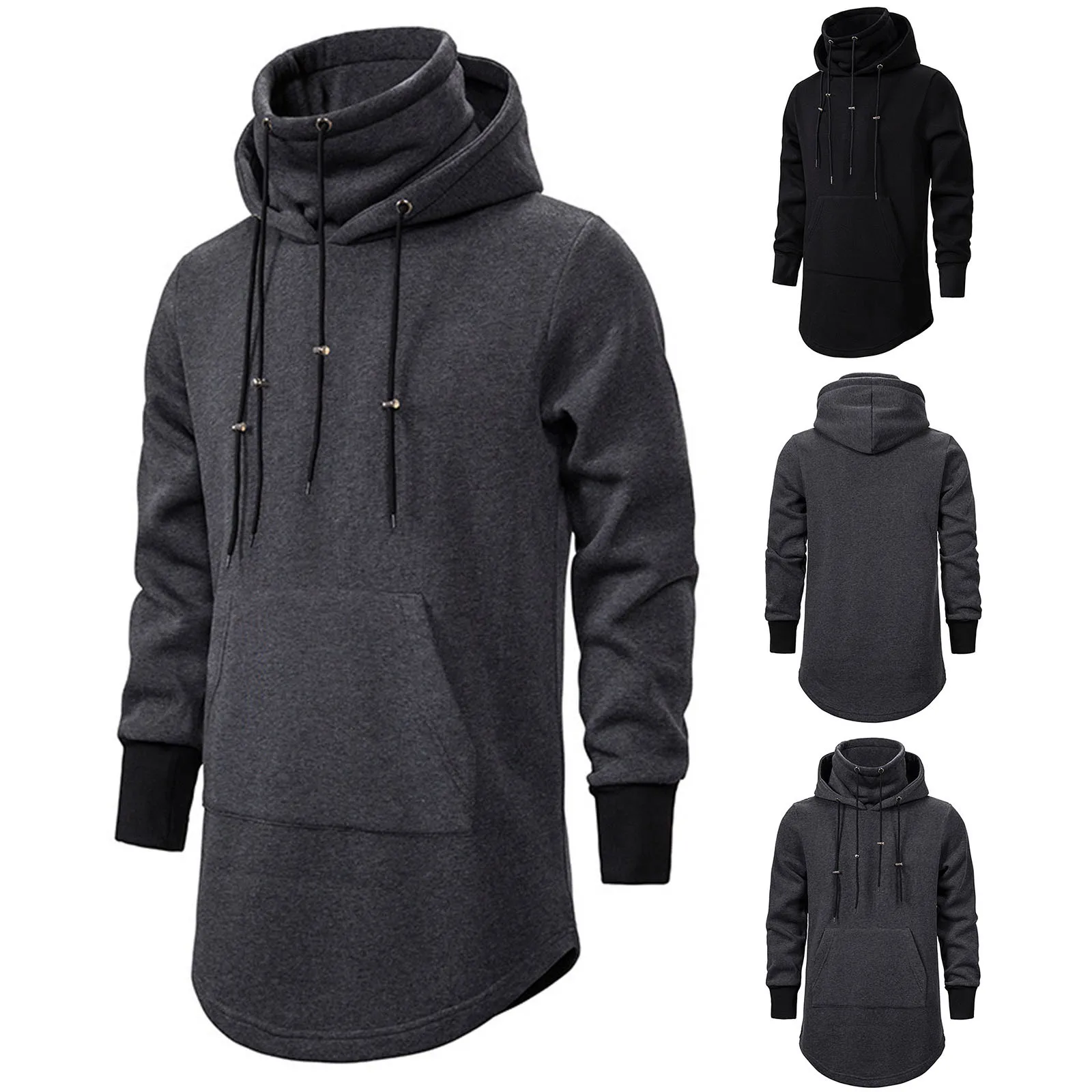 Men Slim Long Section High Collar Hooded Sweatshirt Man Extend Curved ...