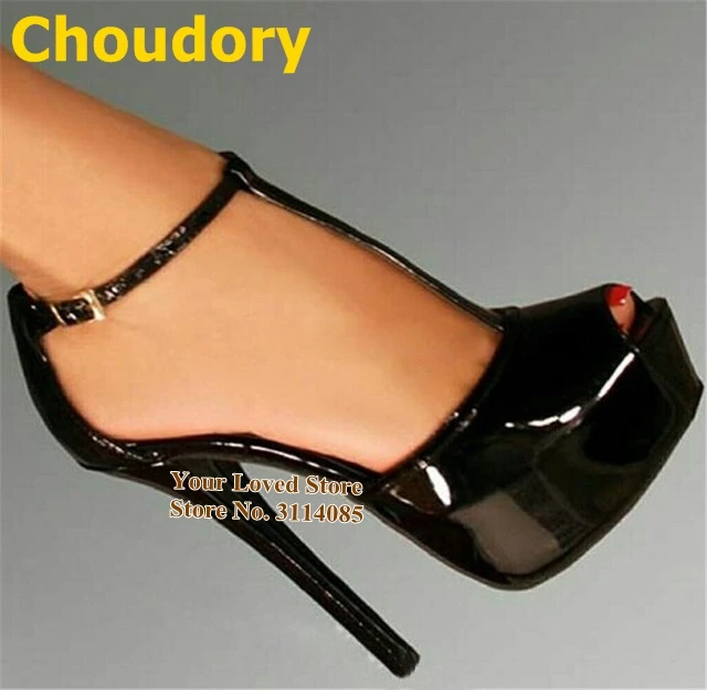 Choudory Red Black Patent Leather Platform Pumps Stiletto Heels Open ...
