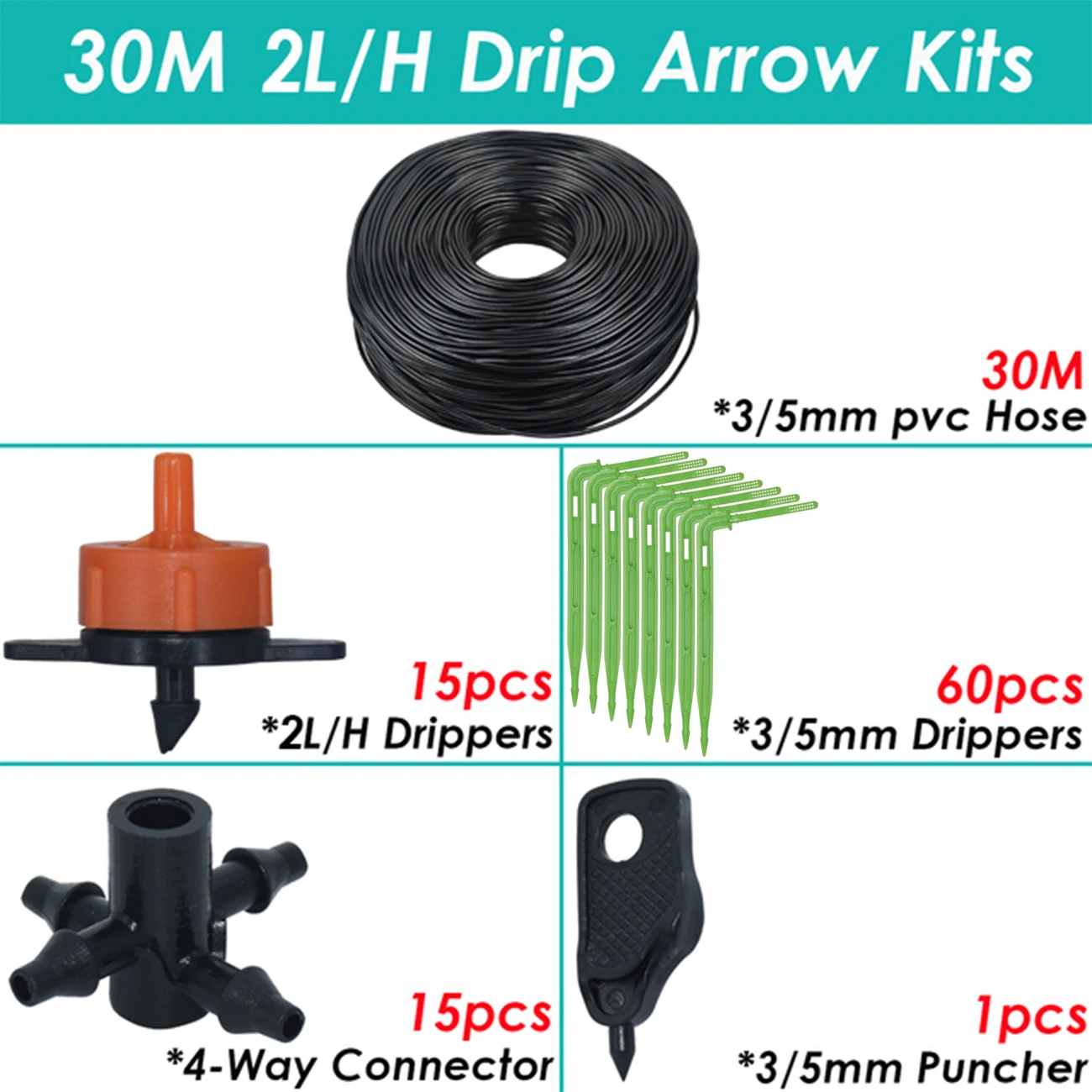 2L-30M-4WAY kit'arrosage de jardin avec flèches, tuyau de 30M 3-5MM 1-8 ...