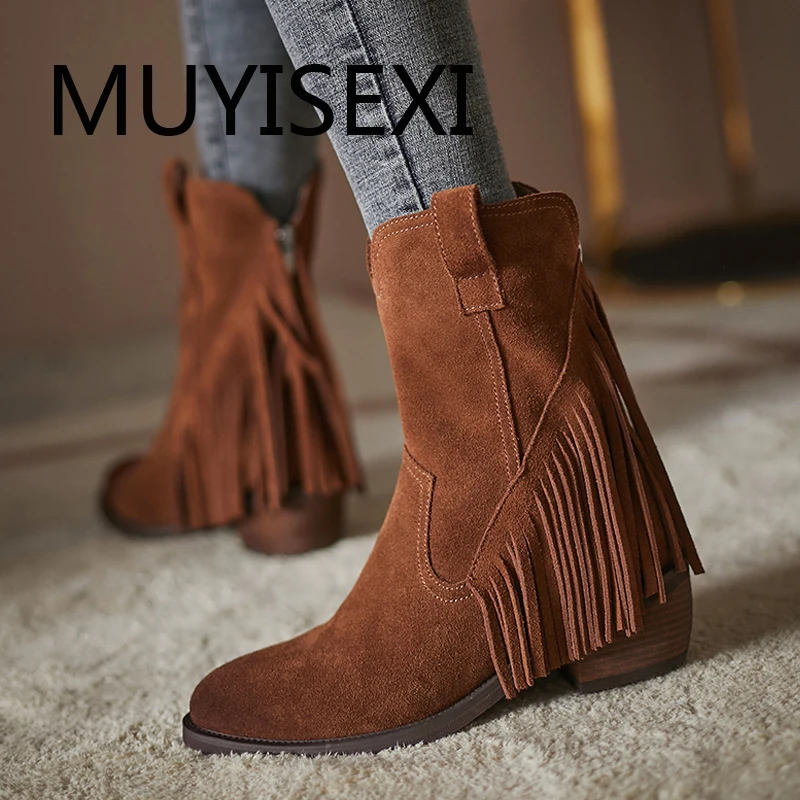 Botas occidentales de punta redonda para mujer, botines cómodos hechos ...