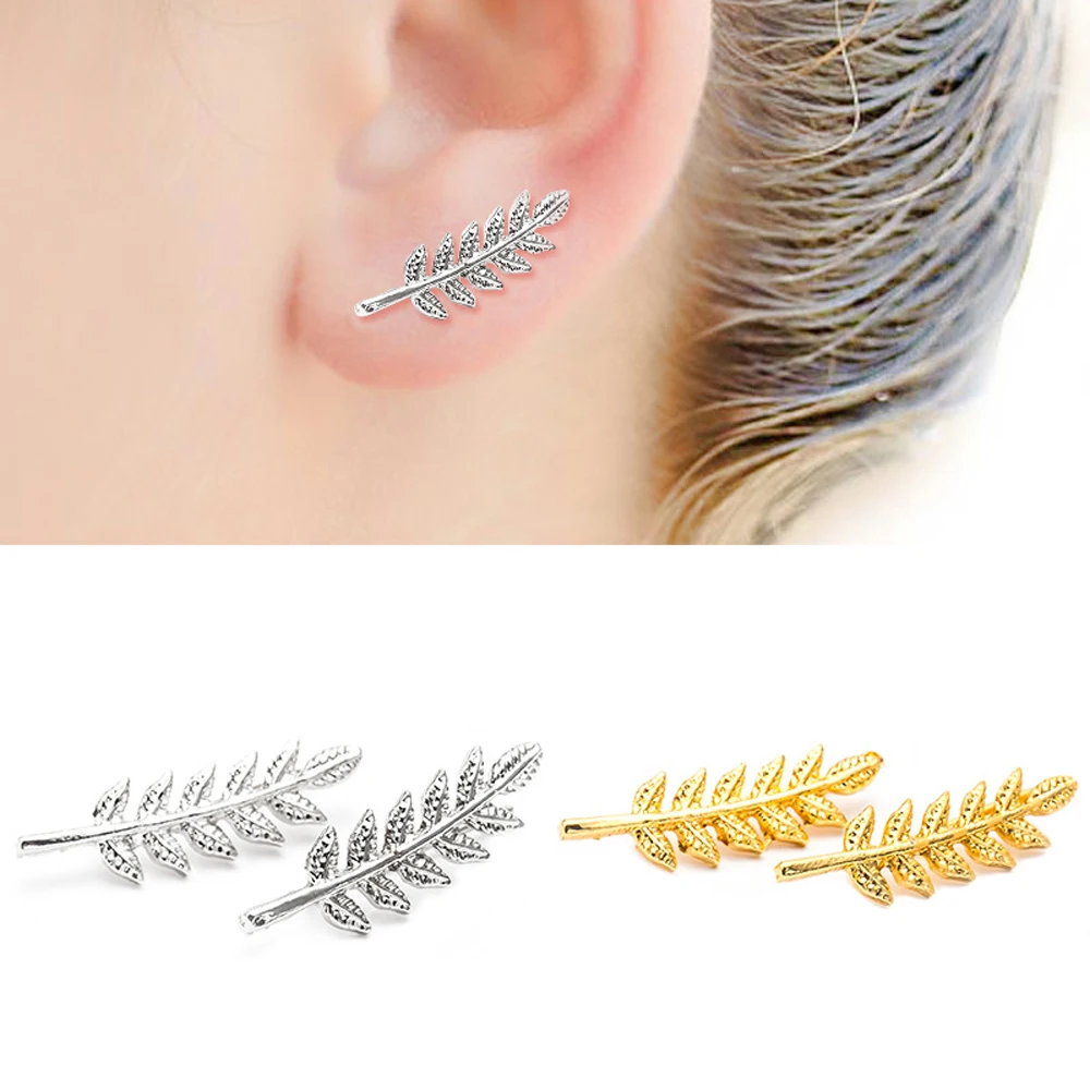 Leaf Shape Stud Earrings Bohemia Style Ear Crawlers Fashion Gold Silver ...