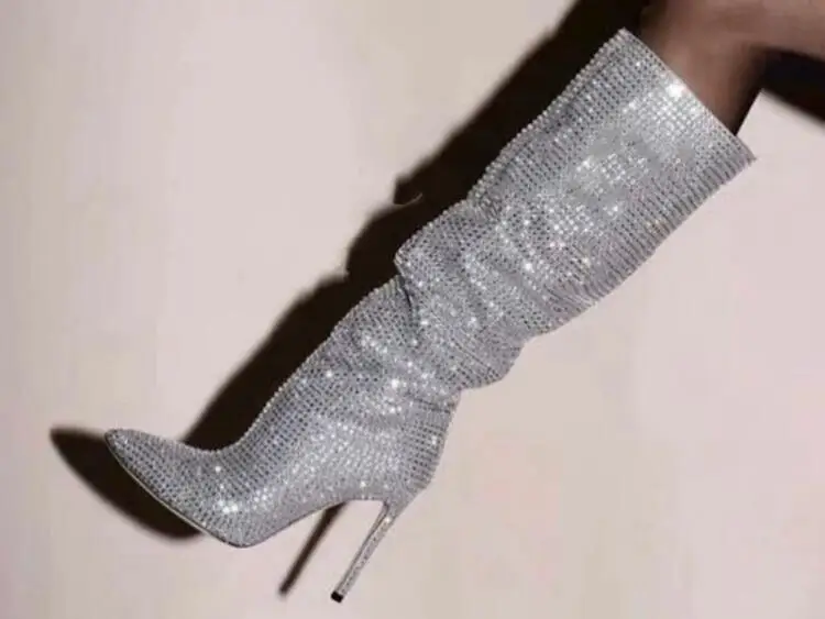 Luxury-Woman-Full-Rhinestone-Crystal-Bling-Pleated-Knee-High-Boots ...