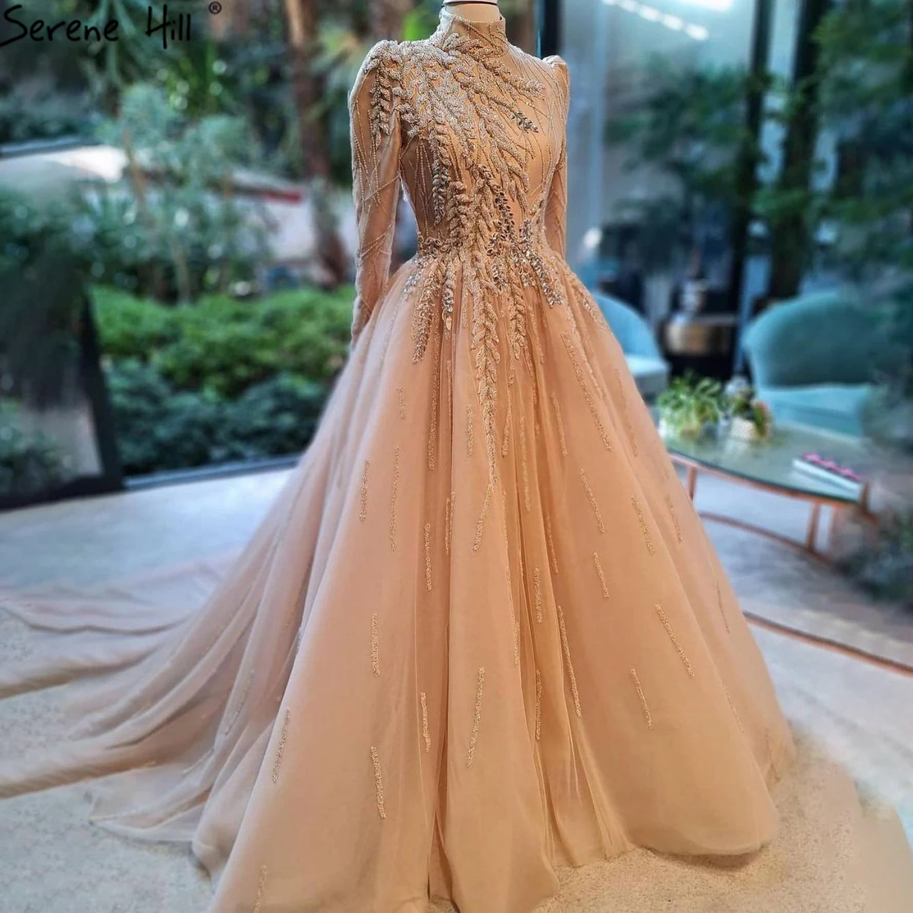 Muslim Gold Luxury Ball Gowns Evening Dress 2021 Long Sleeves Beading ...