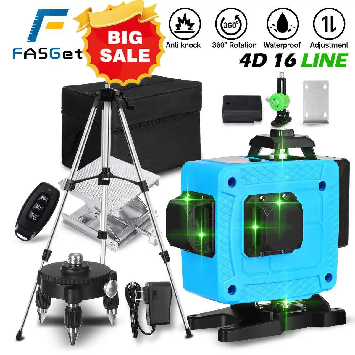 Nivel láser verde 4D de 16 líneas, autonivelante, 360 grados, líneas horizontales y Cruz ...