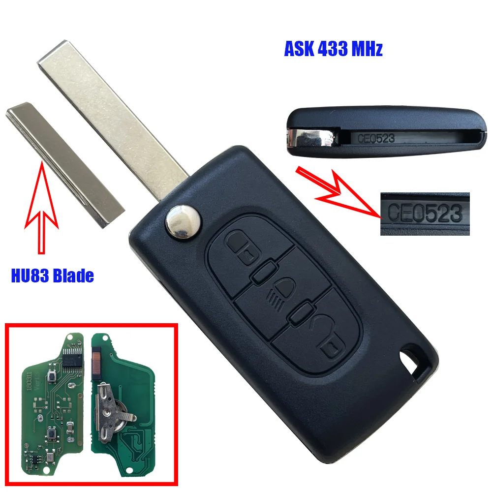 CE0536 3 Buttons Remote Key Fob for Peugeot Partner 807 307 207 407 308 ...