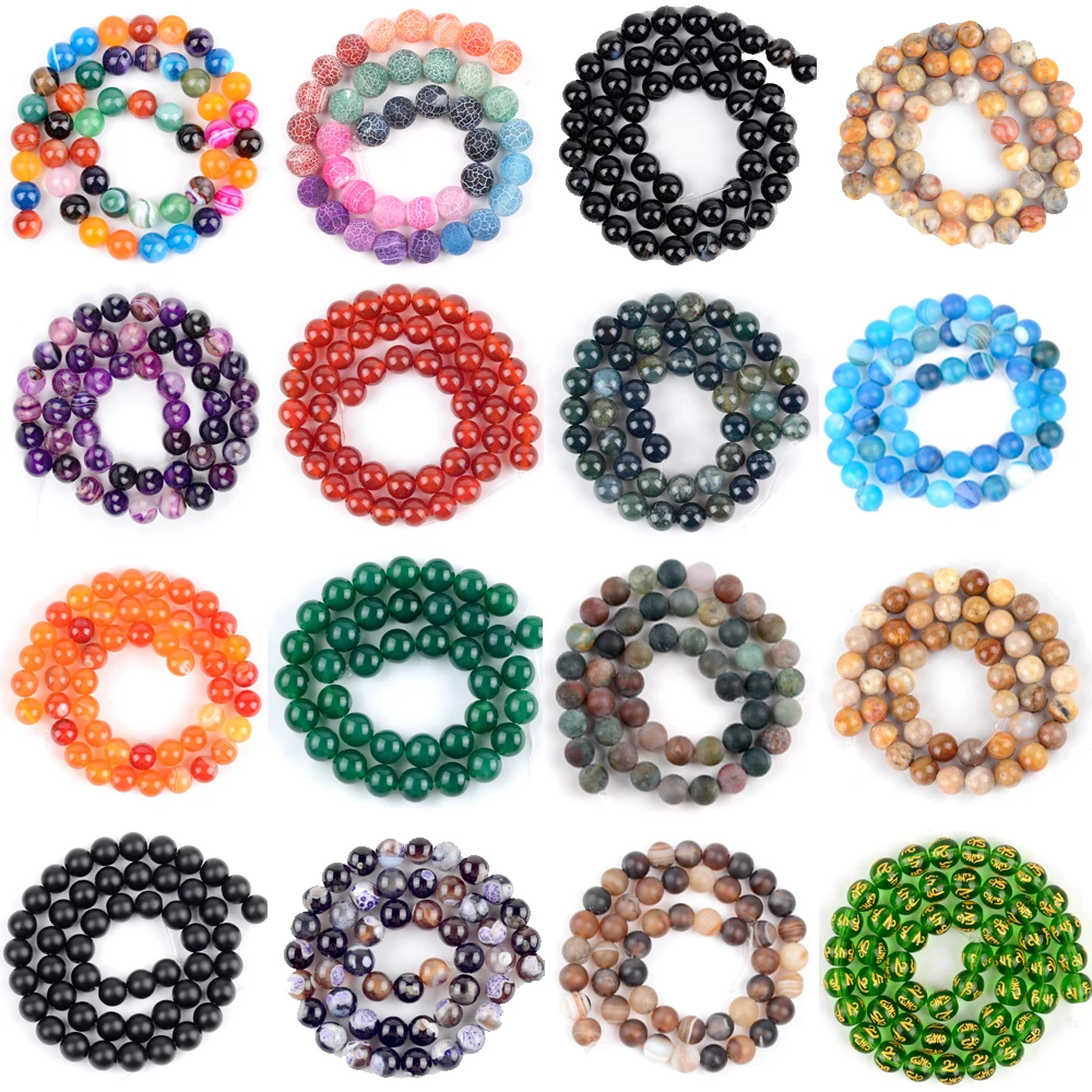 Natural Round Smooth Agates Stone Beads White Orange Red Black Onyx ...