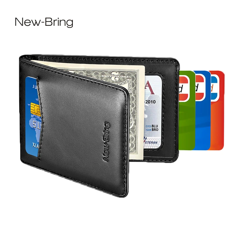 NewBring-Card-Case-Black-Cow-Leather-Wallet-Money-Clip-RFID-Block-Driver-License-Cash ...