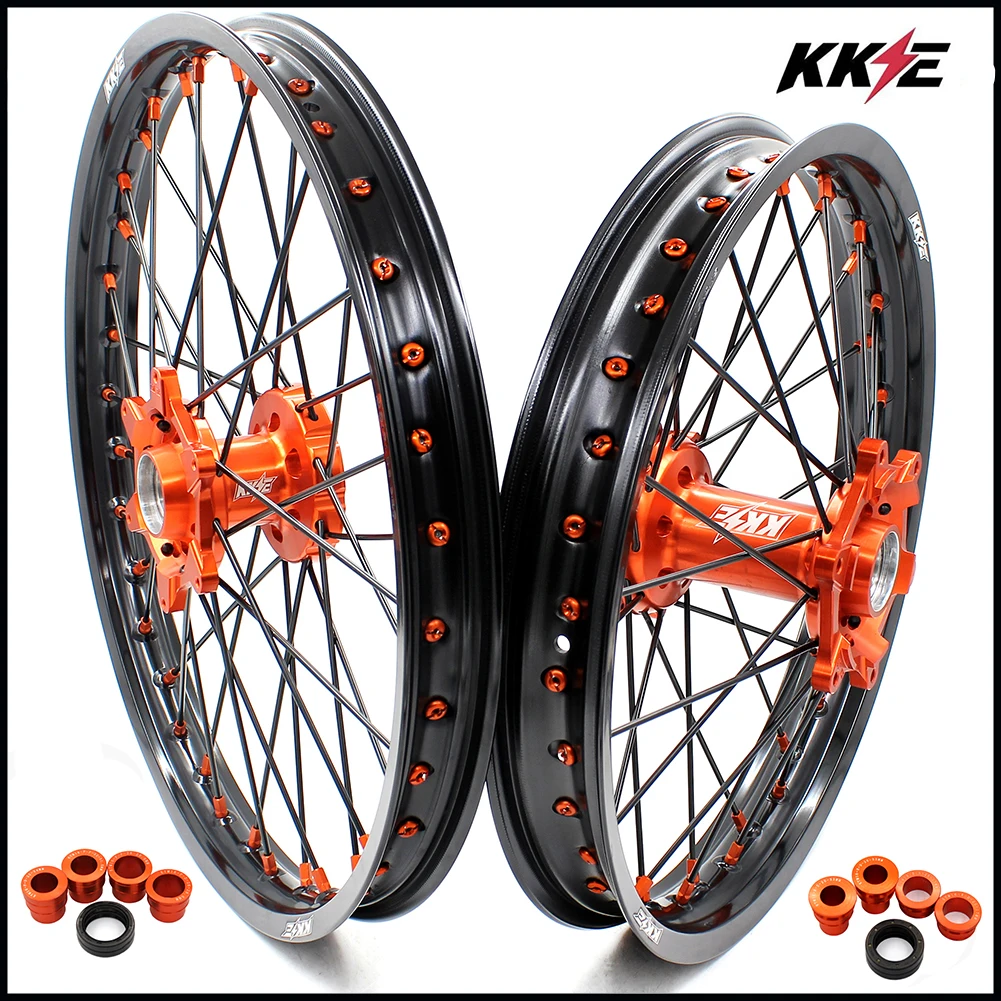 Kke 21 & 18エンデューロホイールリムセットオートバイktm exc EXC F EXC W 125 200 250 300 350 450 2003 2021黒スポークオレンジ乳首 ...