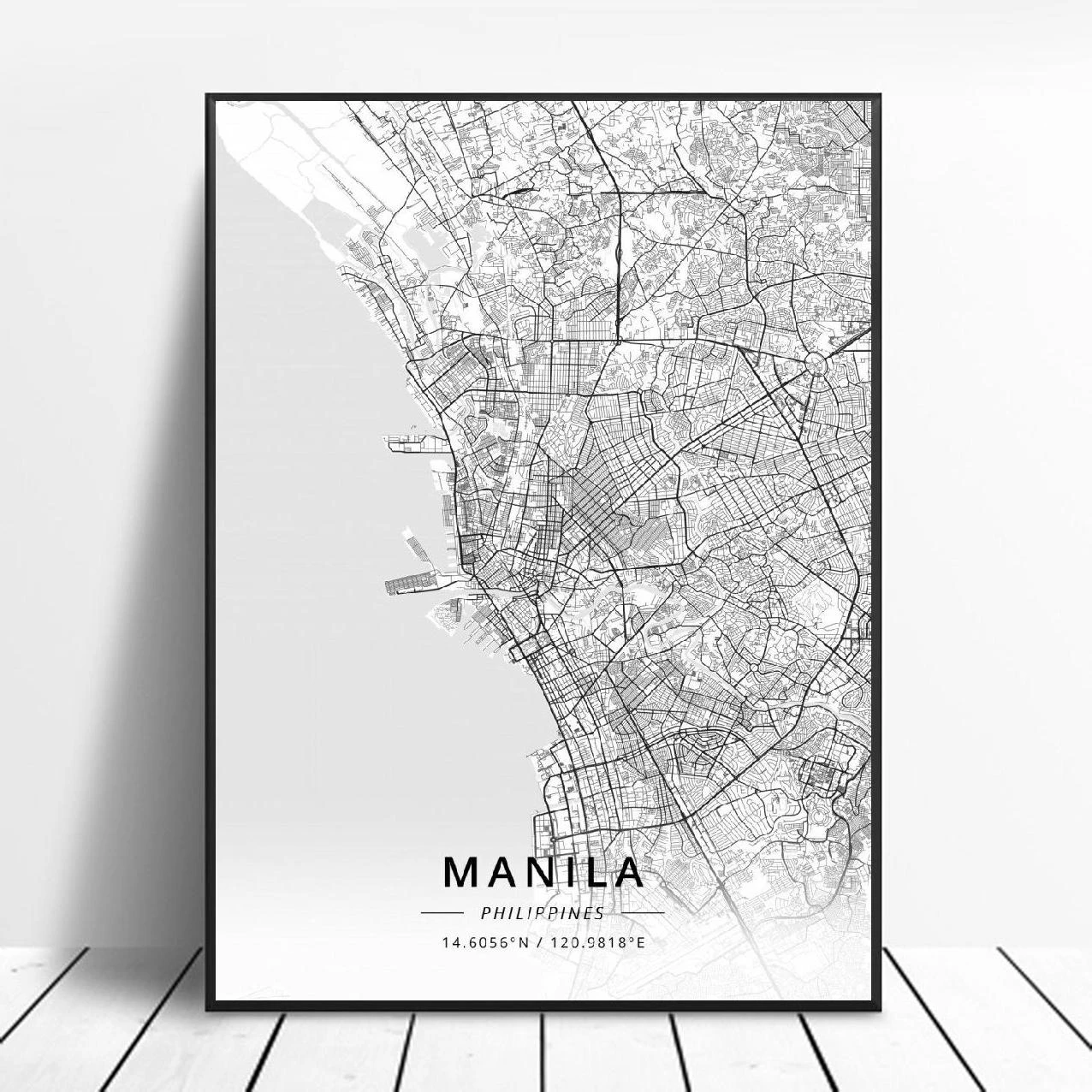Black And White Manila Philippines Latitude Longitude Canvas Art Map ...