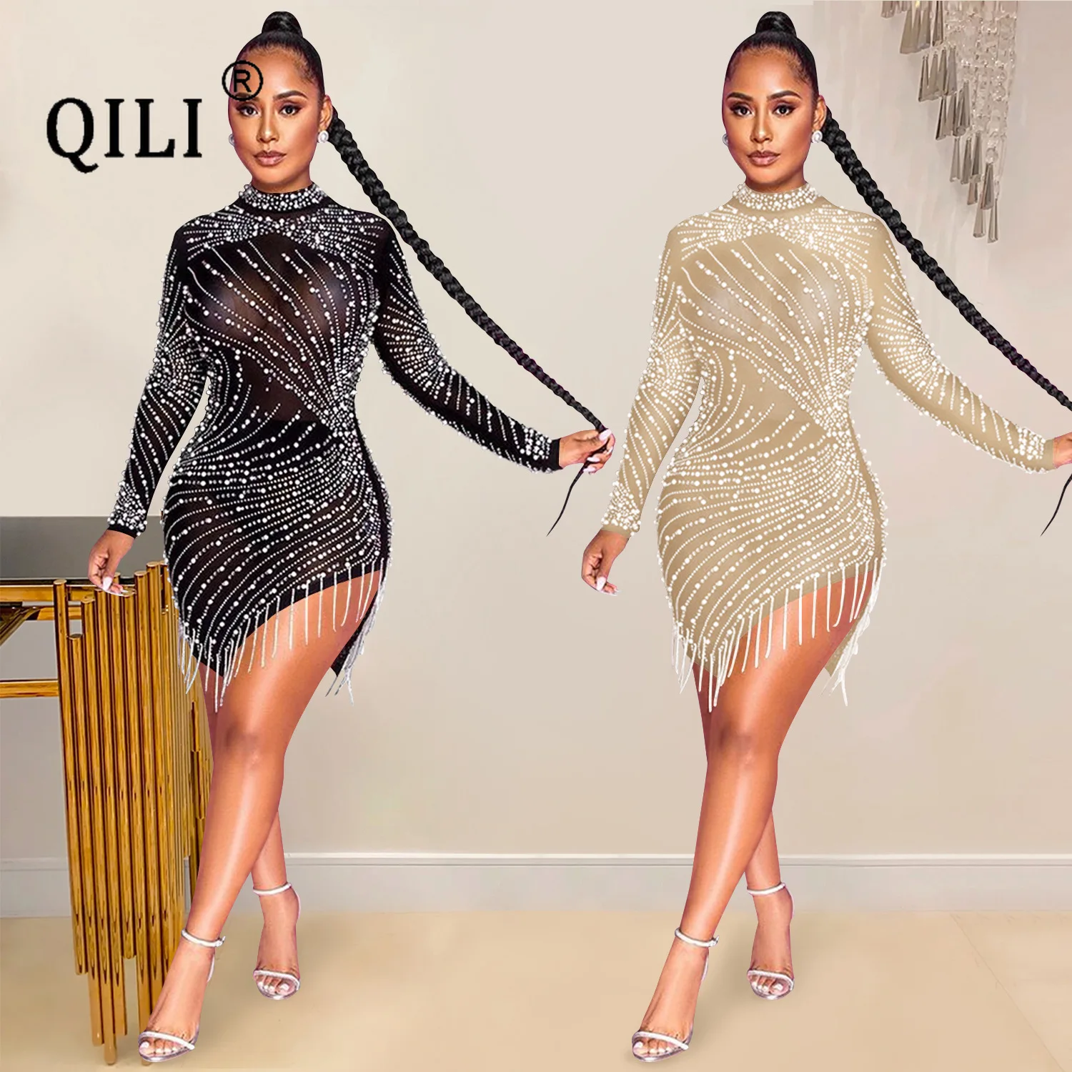 QILI 2021 Autumn Long Sleeve Diamonds Dress Beading Fringe Elegant Lady ...