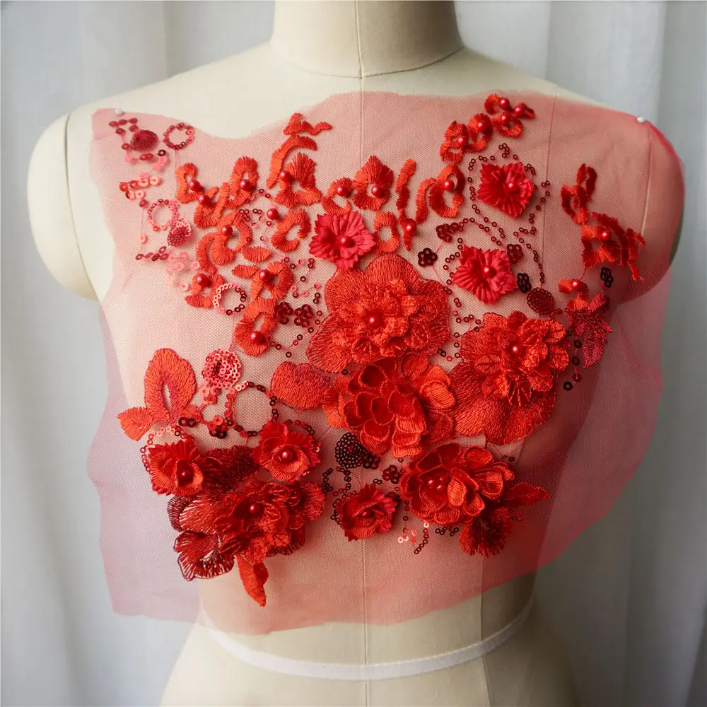 Red-Lace-Fabric-3D-Flowers-Beads-Sequins-Appliques-Embroidery-Mesh-Sew ...