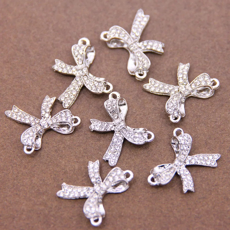 6pcs Handmade Rhineston Silver Plated Bow Alloy Connector For Fashion ...