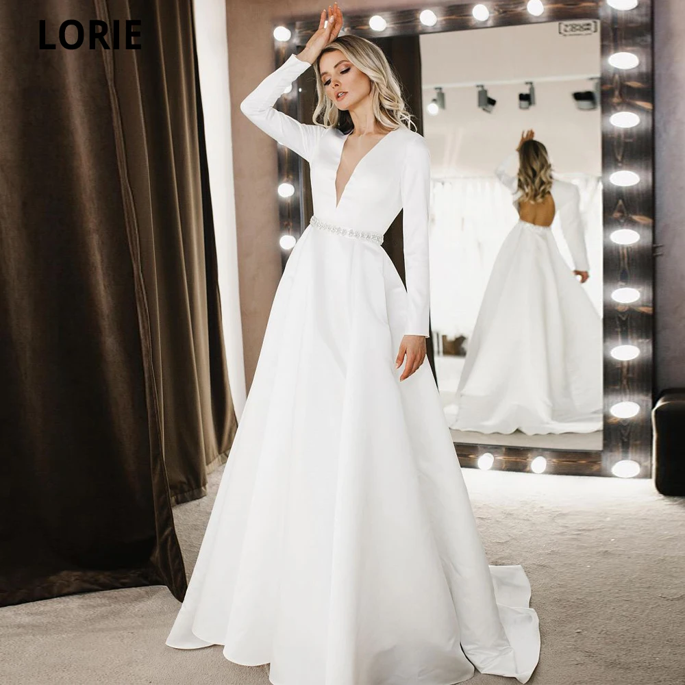 LORIE Simple Long Sleeves Wedding Dresses with Beaded Belt Open Back ...