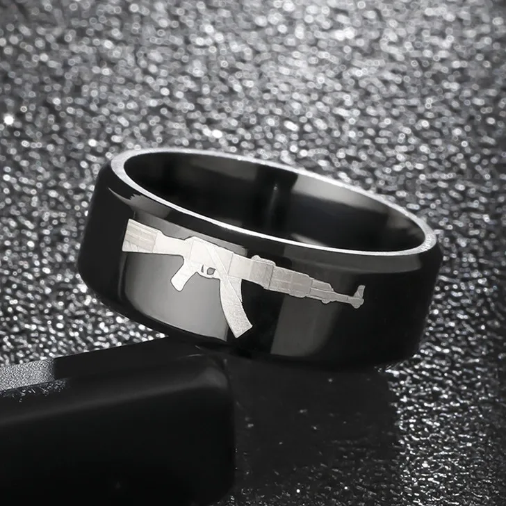 8mm 316 Titanium Ring Titanium Black for Men and Women Submachine Gun ...