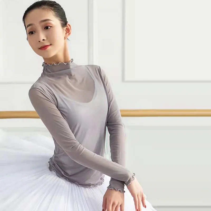 White Black Gray Elastic Mesh Ruffle Long Sleeve Ballet Practice ...