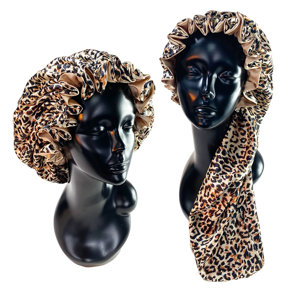 Leopard Print Double Layer Silky Bonnet Adjustable Elastic Band High ...