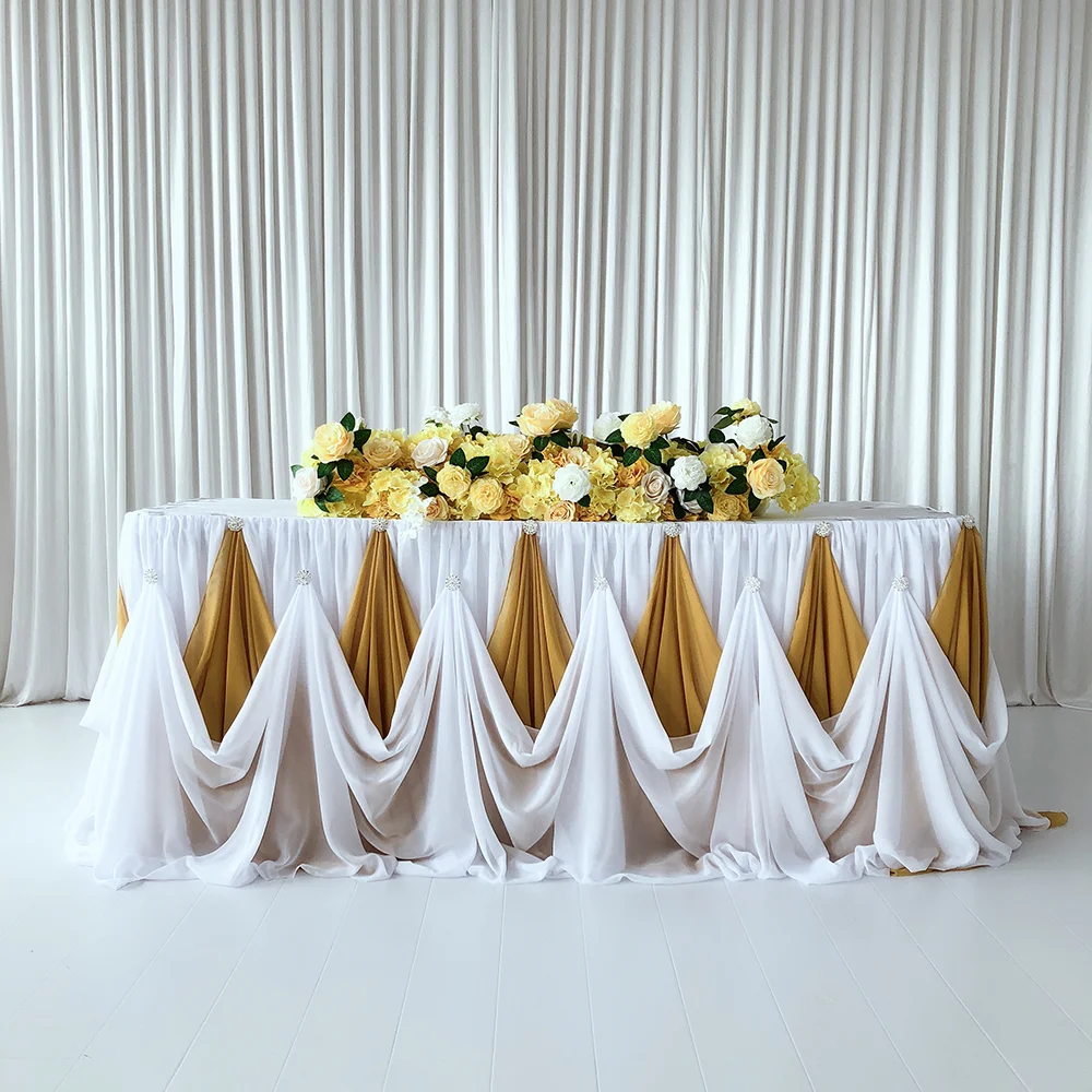 Gold White Chiffon Table Skirt with Diamond Brooch, Wedding Party Decor ...