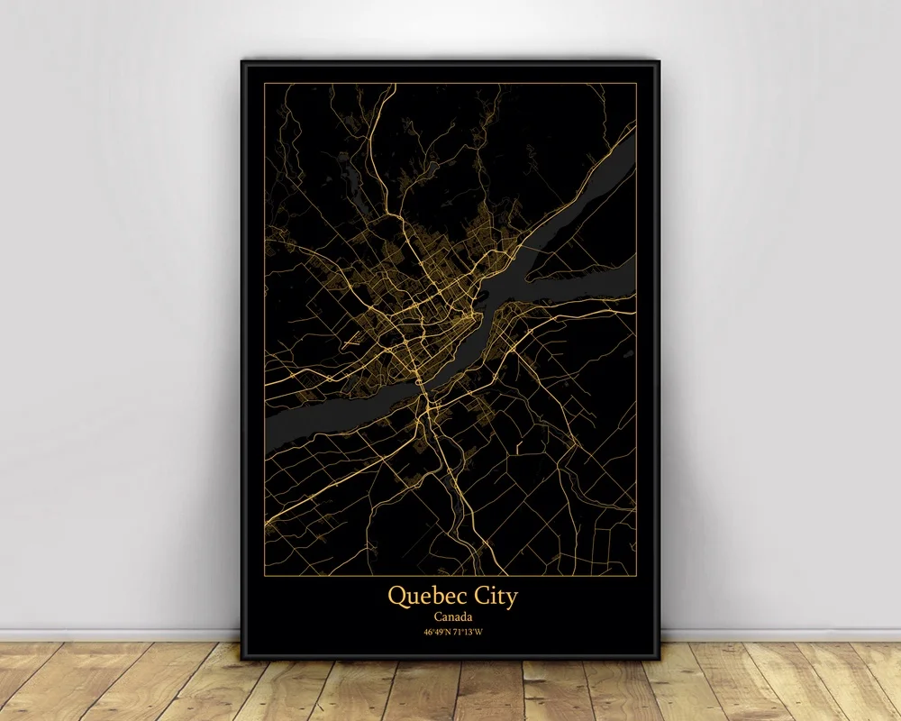 Quebec City Canada Black&Gold City Light Maps Custom World City Map ...